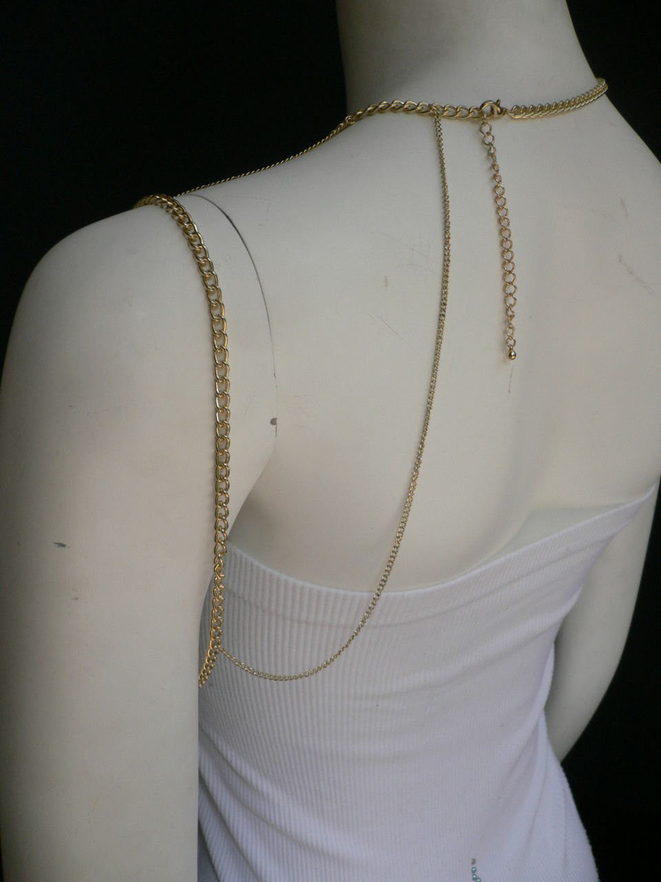 Gold Metal Long Chain Clear Rhinestones One Side Shoulders Body Chain ...