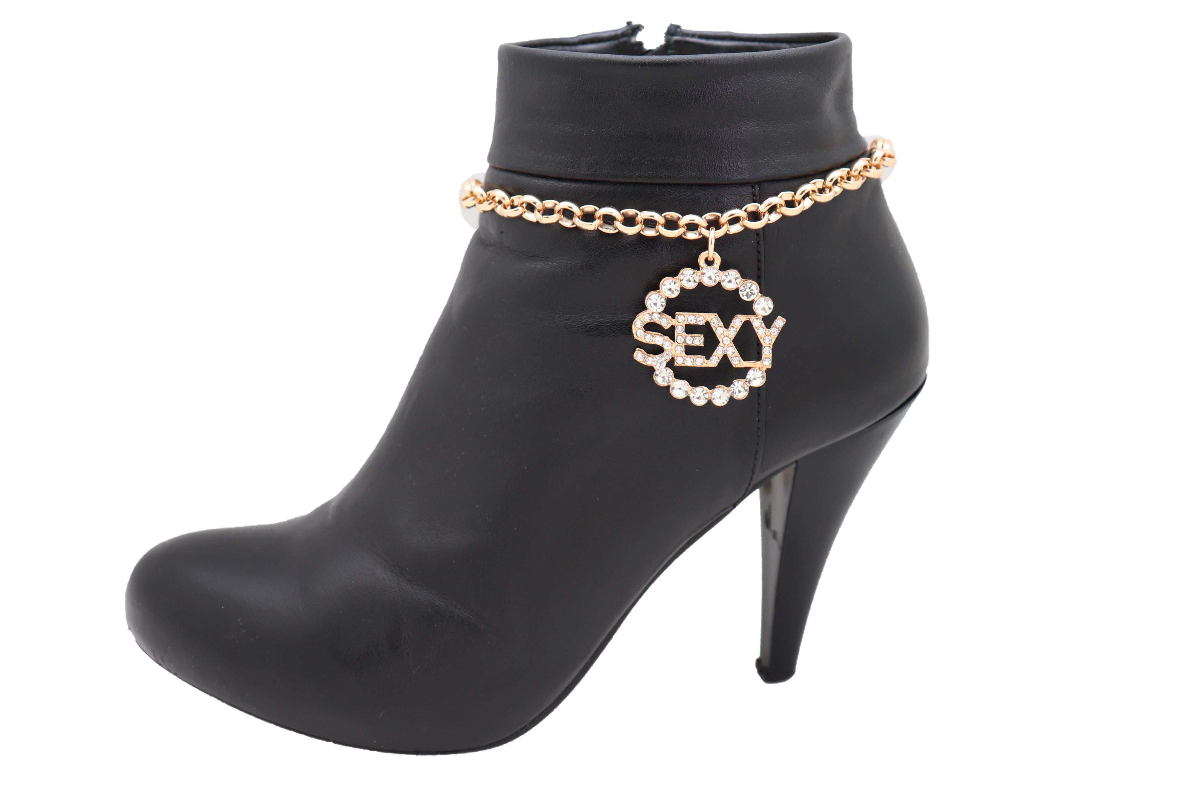 Women Silver Chain Boot Strap 3 Rows Rhinestones Strands Chic Shoes ...