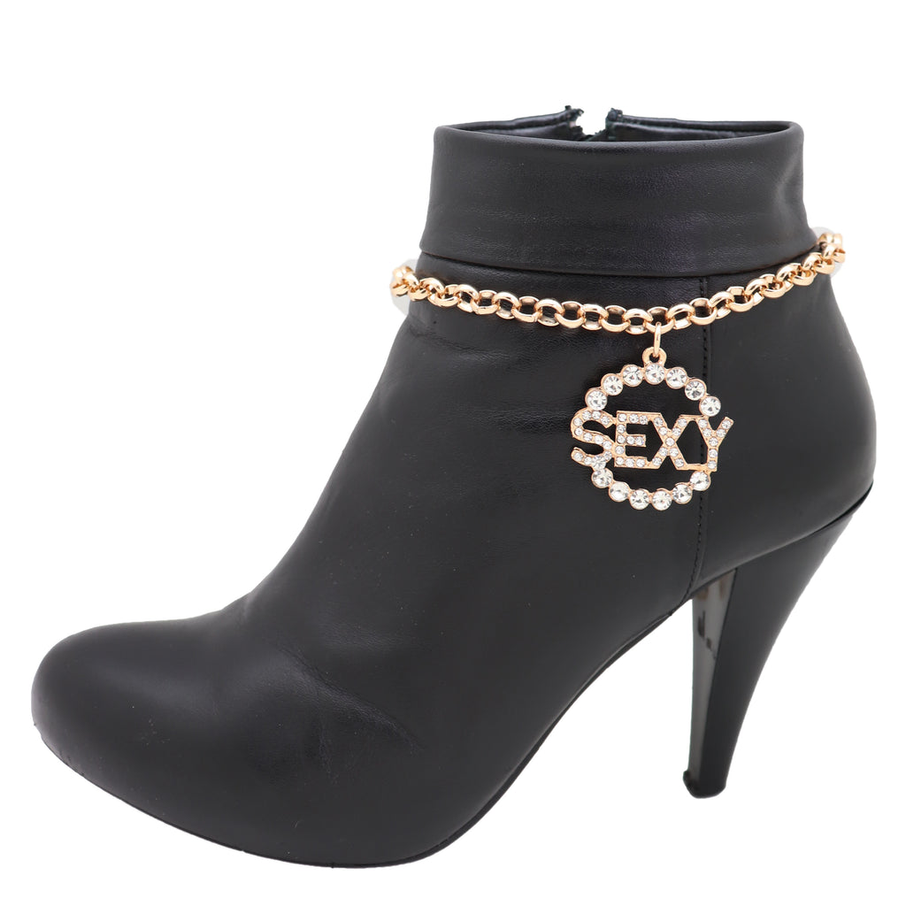 Women Silver Chain Boot Strap 3 Rows Rhinestones Strands Chic Shoes ...