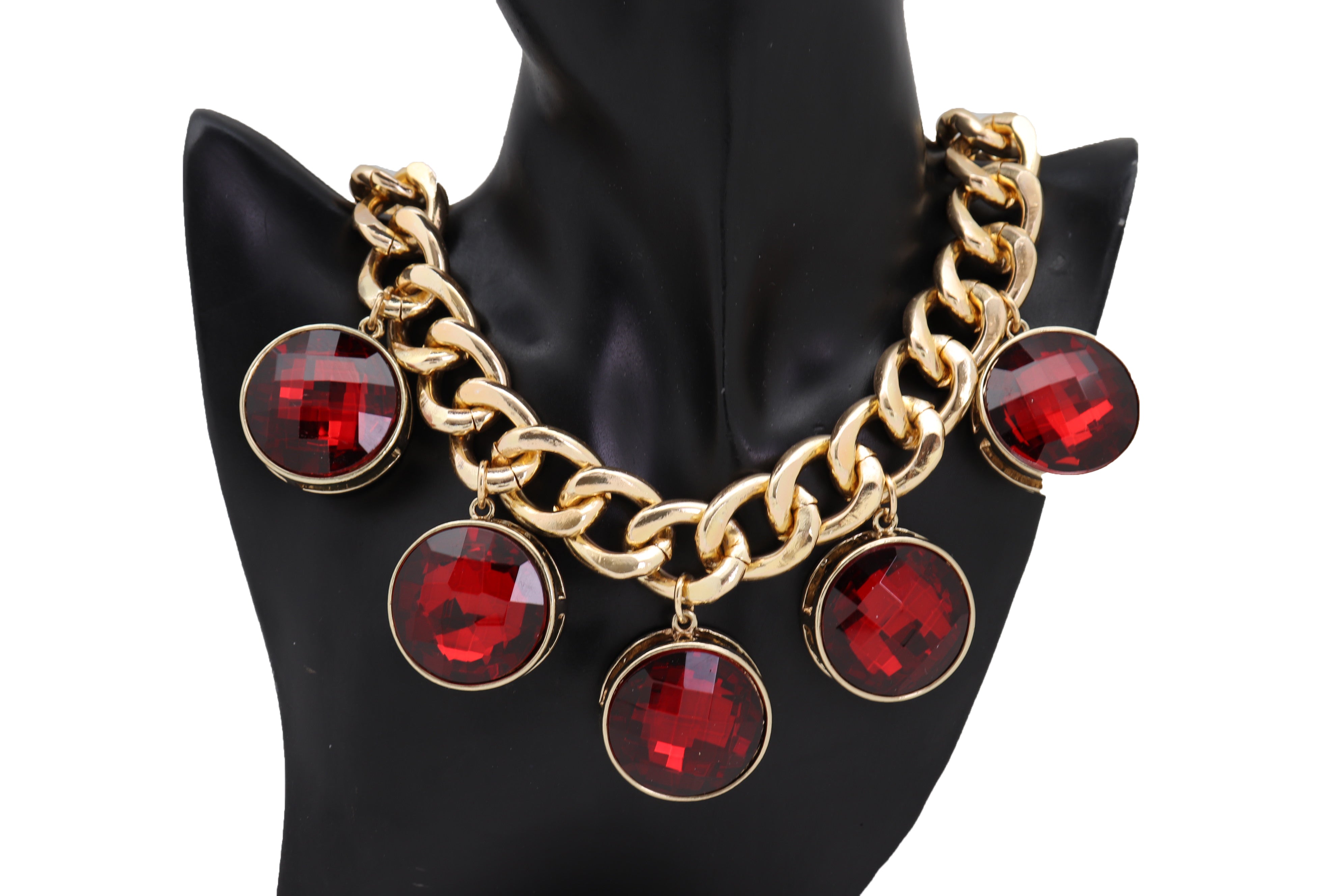 Gold Metal Chain Link Short Necklace Bling Red Bead Charms Pendant ...