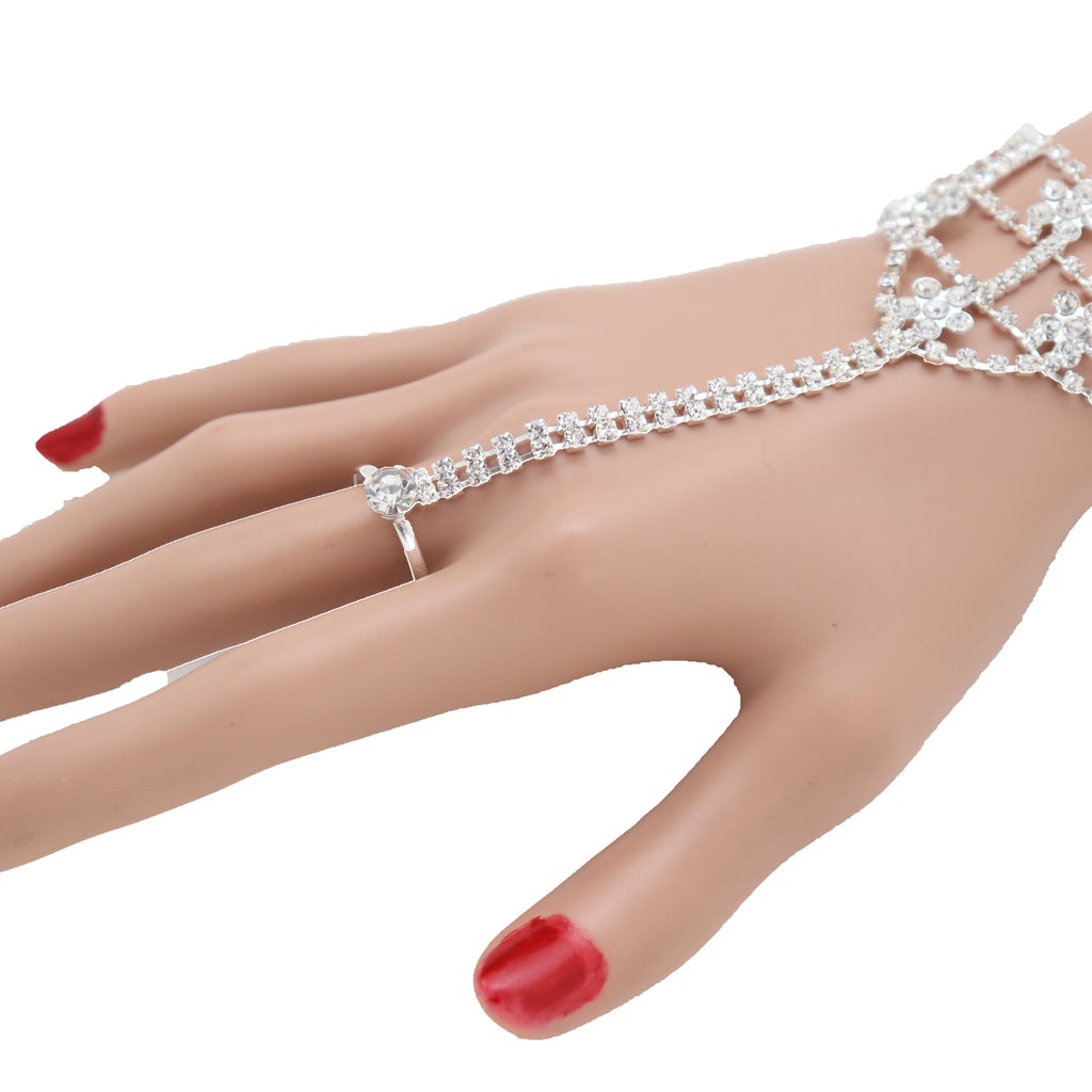 Silver Metal Hand Chain Bracelet Bling Flower Bead Charms Connected Sl ...