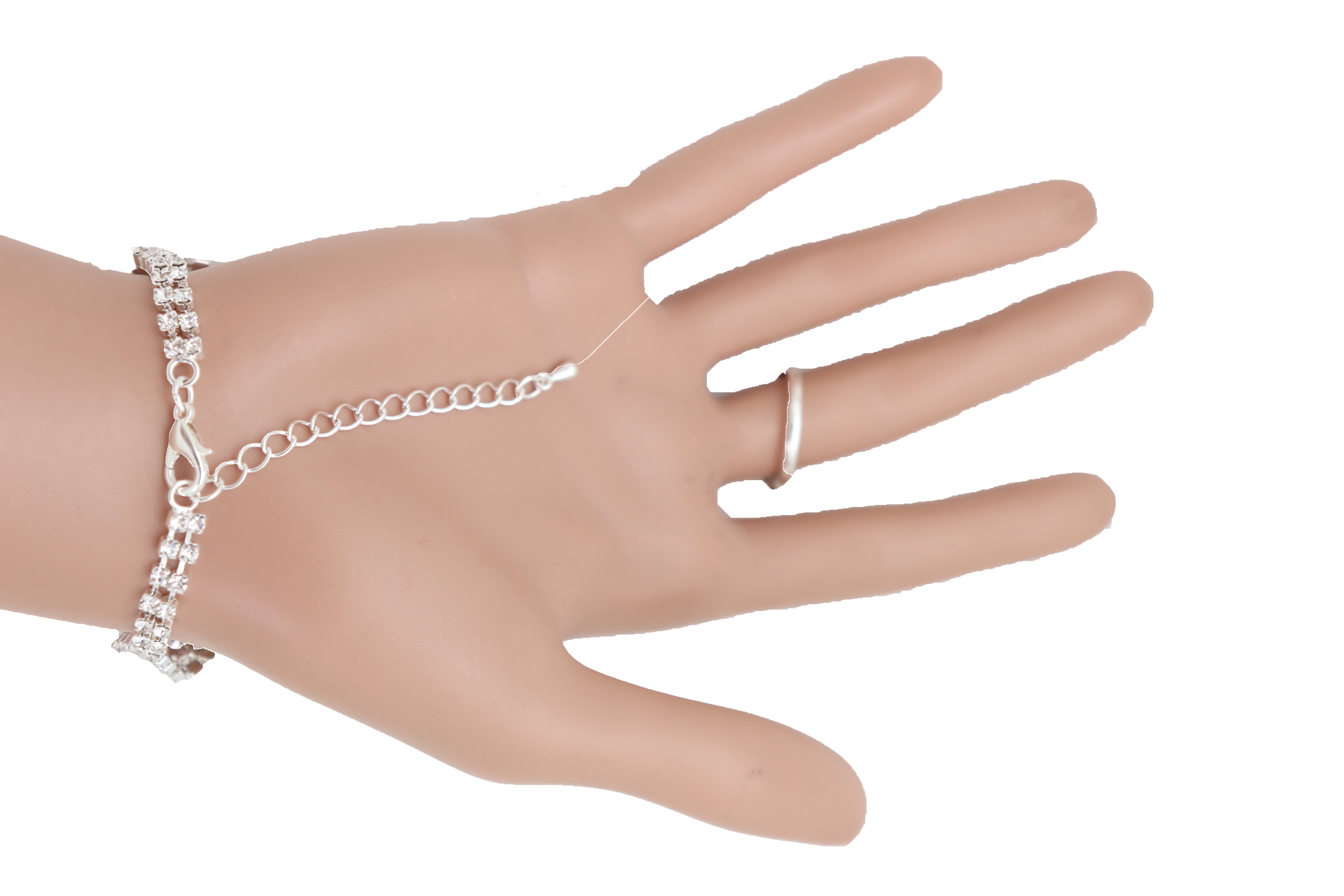 Silver Metal Hand Chain Bracelet Bling Flower Bead Charms Connected Ri ...